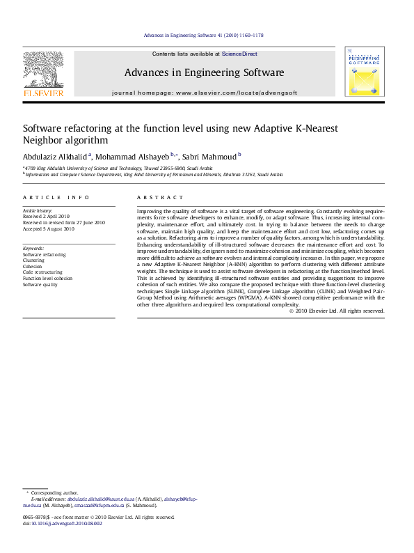 Pdf Software Refactoring At The Function Level Using New Adaptive K