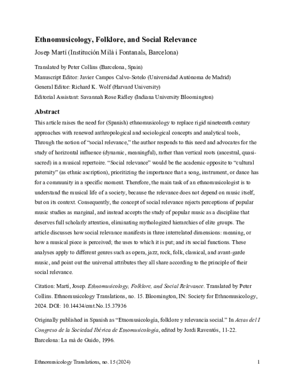 (PDF) Ethnomusicology, Folklore, and Social Relevance
