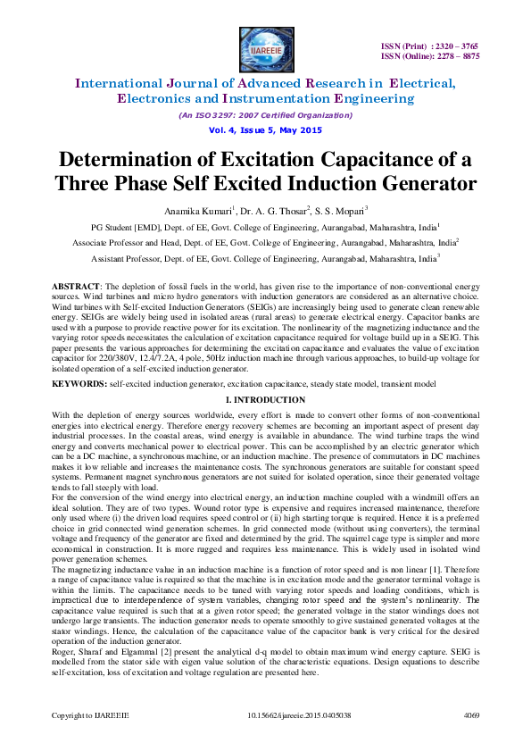 (PDF) Determination of Excitation Capacitance of aThree Phase Self Excited Induction Generator
