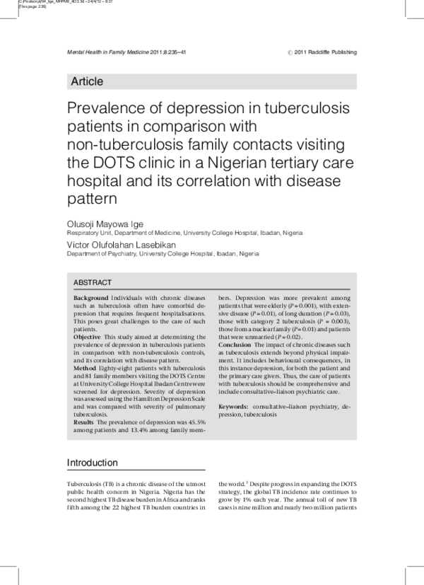 (PDF) Prevalence of depression in tuberculosis patients in comparison ...
