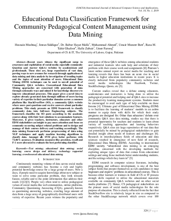 Pdf Educational Data Classification Framework For Community Pedagogical Content Management