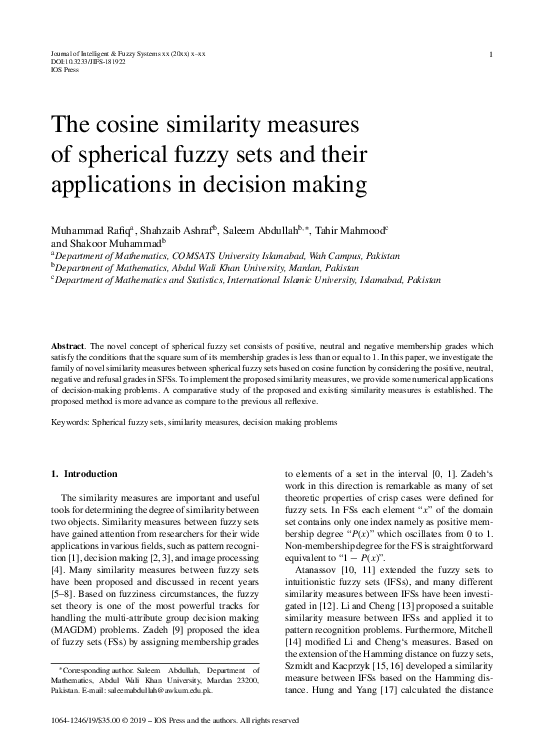(PDF) The cosine similarity measures of spherical fuzzy sets and their ...