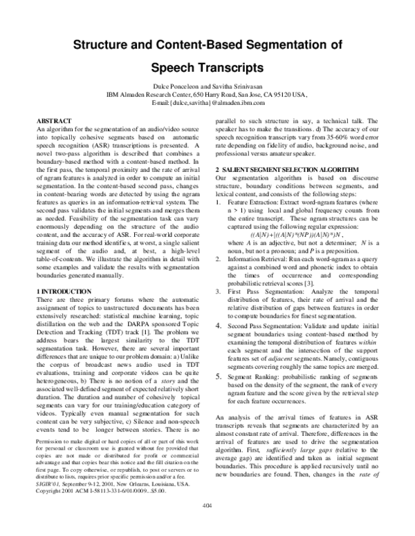 (PDF) Structure and content-based segmentation of speech transcripts