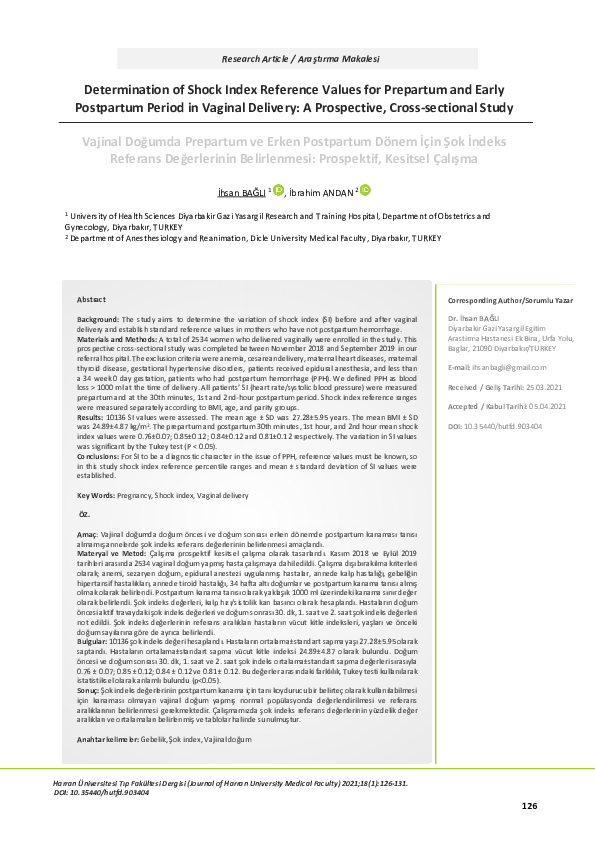 (PDF) Determination of Shock Index Reference Values for Prepartum and Early Postpartum Period in ...