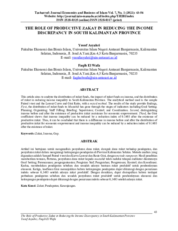 (PDF) The Role of Productive Zakat in Reducing the Income Discrepancy in South Kalimantan Province