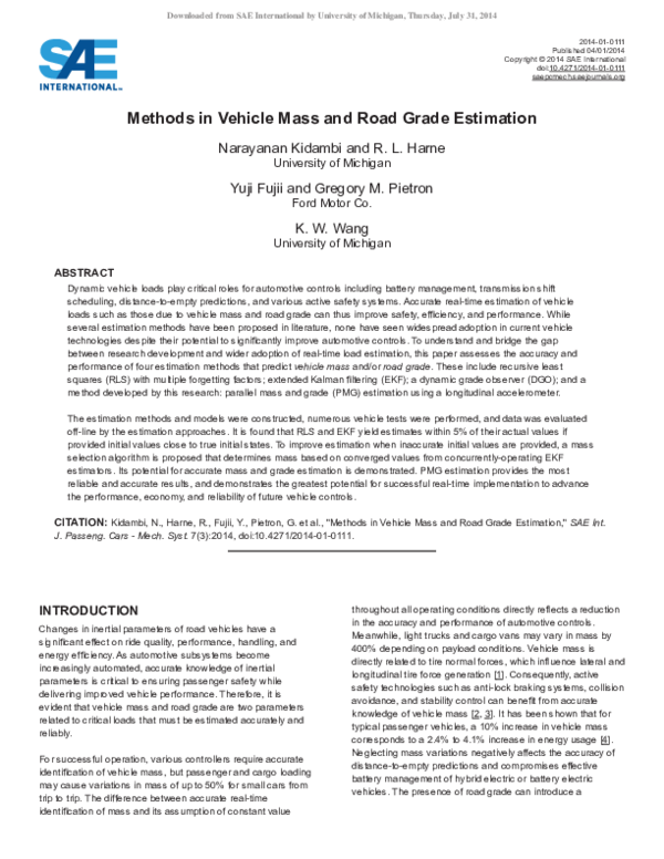 (PDF) Methods in Vehicle Mass and Road Grade Estimation