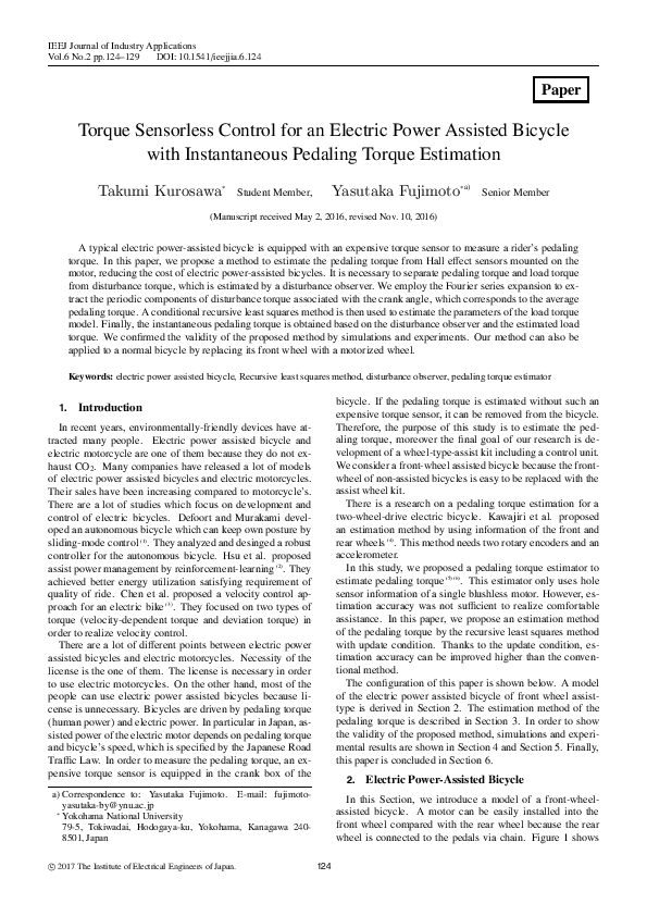 Pdf Torque Sensorless Control For An Electric Power Assisted Bicycle