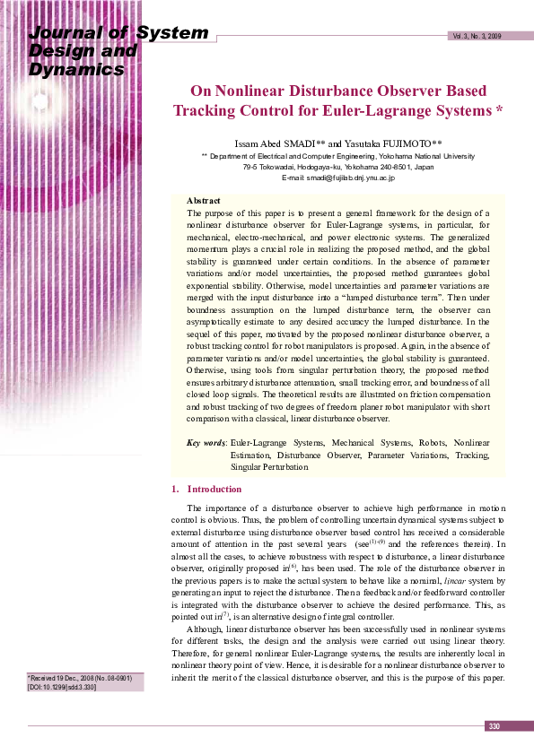 Pdf On Nonlinear Disturbance Observer Based Tracking Control For Euler Lagrange Systems 6475