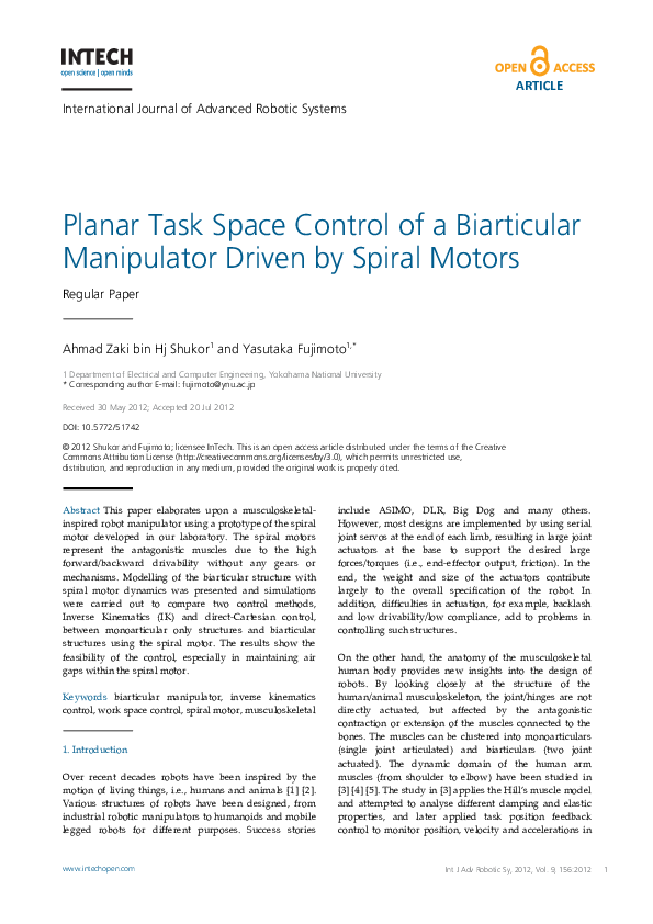(PDF) Planar Task Space Control of a Biarticular Manipulator Driven by Spiral Motors