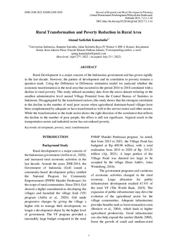 (PDF) Rural Transformation and Poverty Reduction in Rural Area