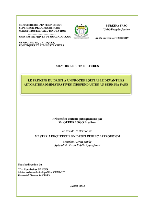 (PDF) MEMOIRE DE FIN D'ETUDES Présenté et soutenu publiquement par Mr OUEDRAOGO Brahima en vue ...