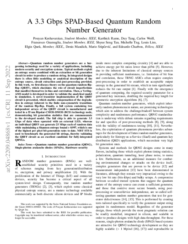 (PDF) A 3.3 Gbps SPAD-Based Quantum Random Number Generator