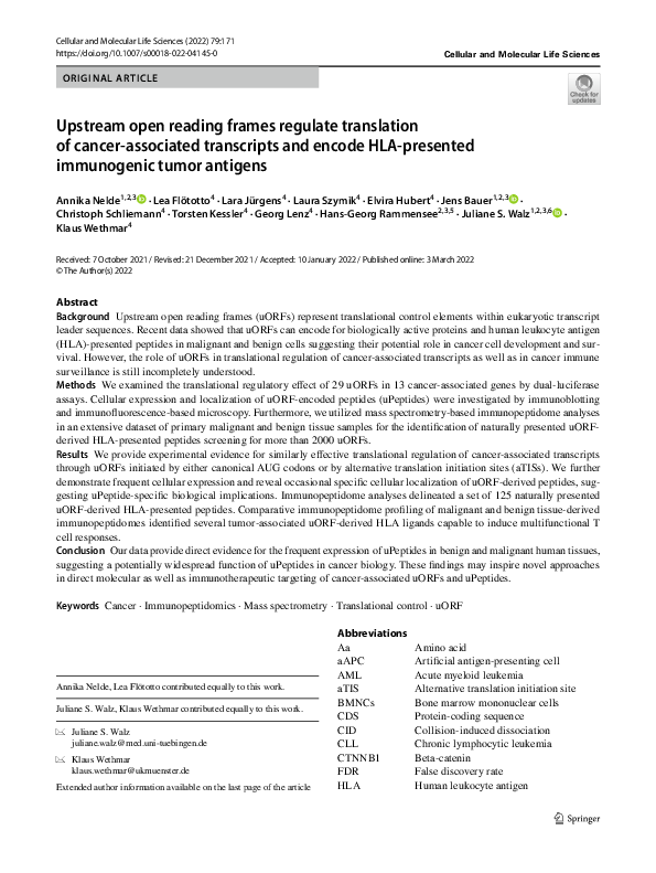 (PDF) Upstream Open Reading Frames Regulate the Translation of the ...