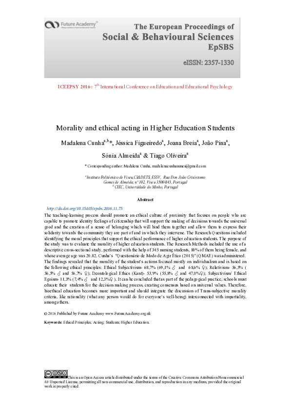 (PDF) Morality and ethical acting in Higher Education Students