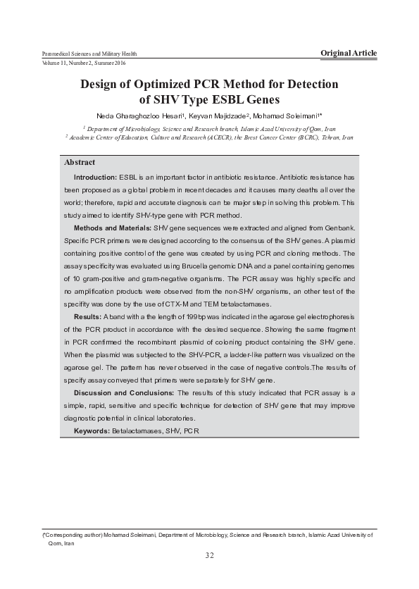 (PDF) Design of Optimized PCR Method for Detection of SHV Type ESBL Genes