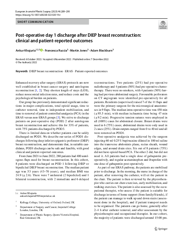 (PDF) Post-operative day 1 discharge after DIEP breast reconstruction ...