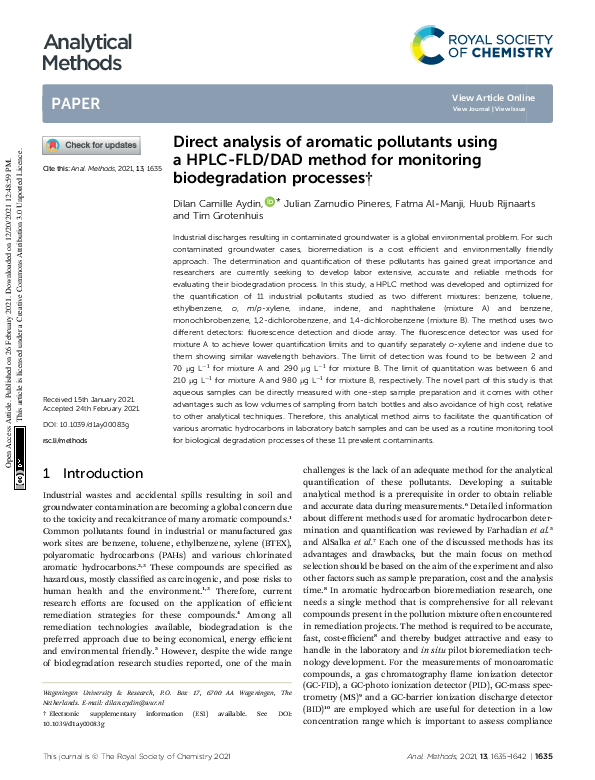 (PDF) Direct analysis of aromatic pollutants using a HPLC-FLD/DAD method for monitoring ...