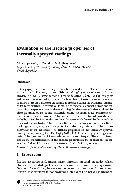 (PDF) Evaluation of the friction properties of thermally sprayed coatings