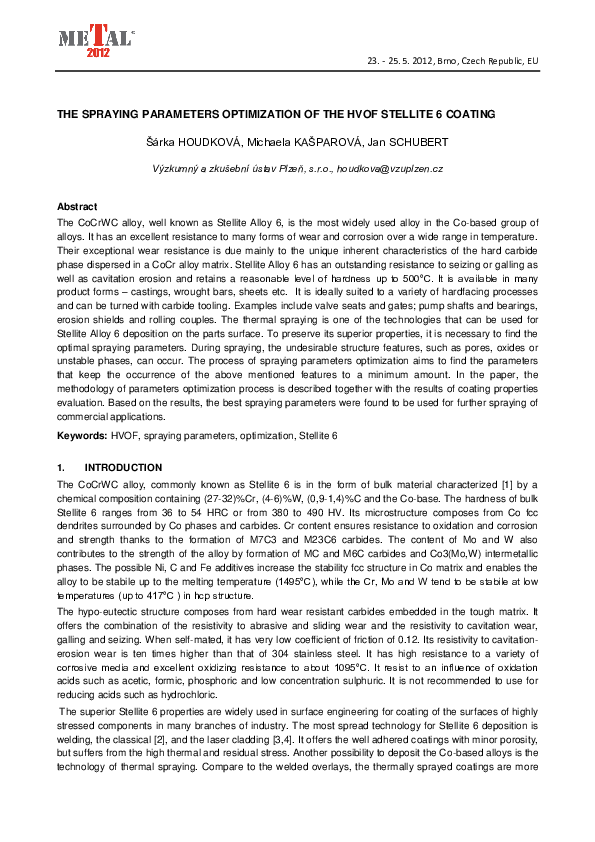 (PDF) The Spraying Parameters Optimization of the Hvof Stellite 6 Coating