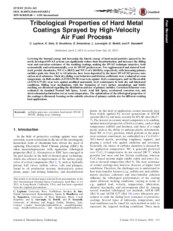 (PDF) Tribological Properties of Hard Metal Coatings Sprayed by High-Velocity Air Fuel Process