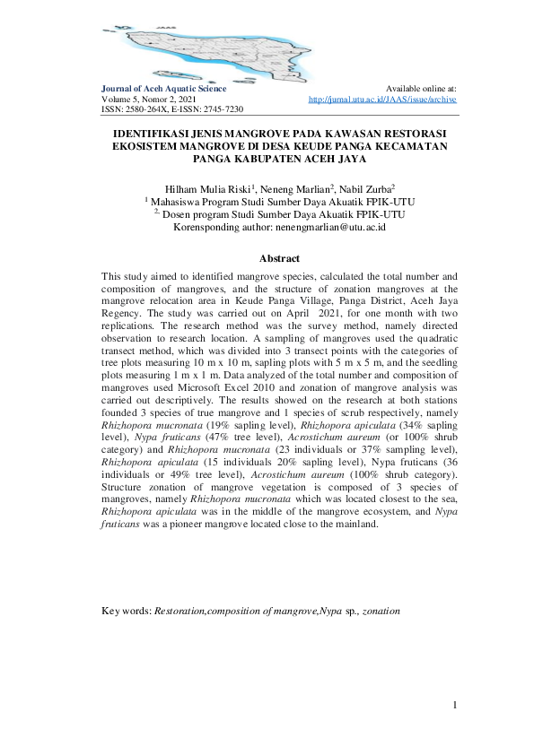 (PDF) Identifikasi Jenis Mangrove Pada Kawasan Restorasi Ekosistem ...