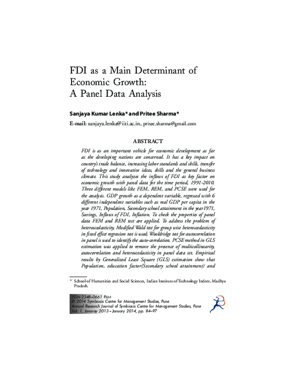 (PDF) FDI as a main determinant of Economic Growth: A Panel Data Analysis