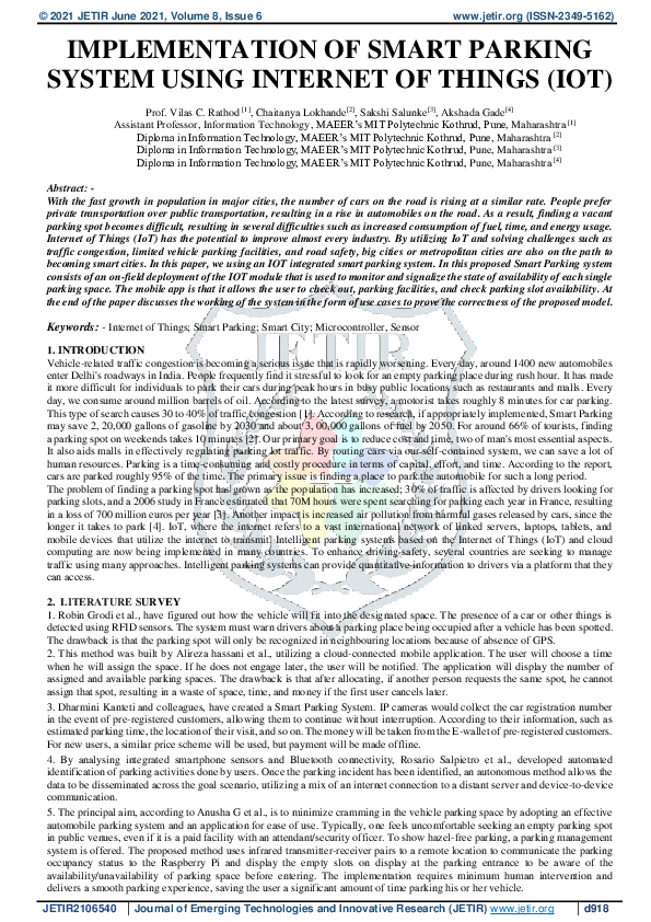(PDF) Implementation of Smart Parking System Using Internet of Things (Iot)