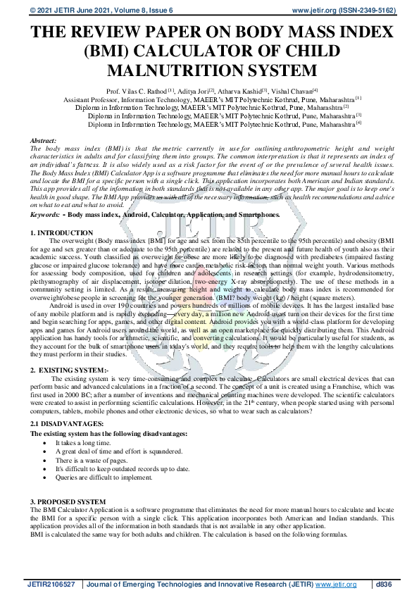 (PDF) The Review Paper on Body Mass Index (Bmi) Calculator of Child Malnutrition System