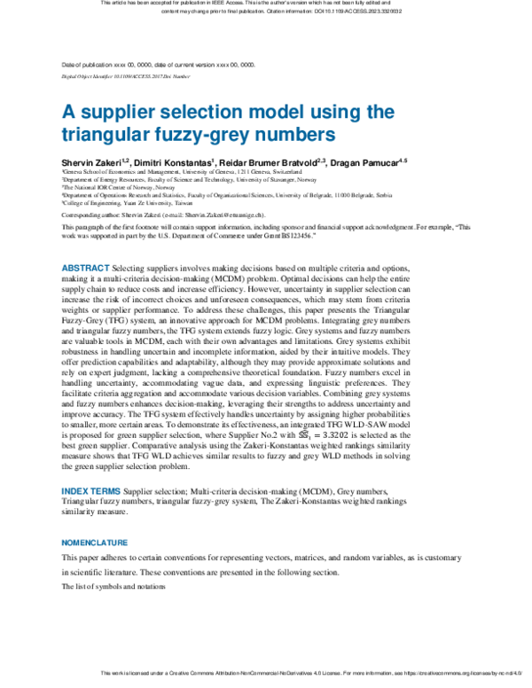 (PDF) A supplier selection model using the triangular fuzzy-grey numbers