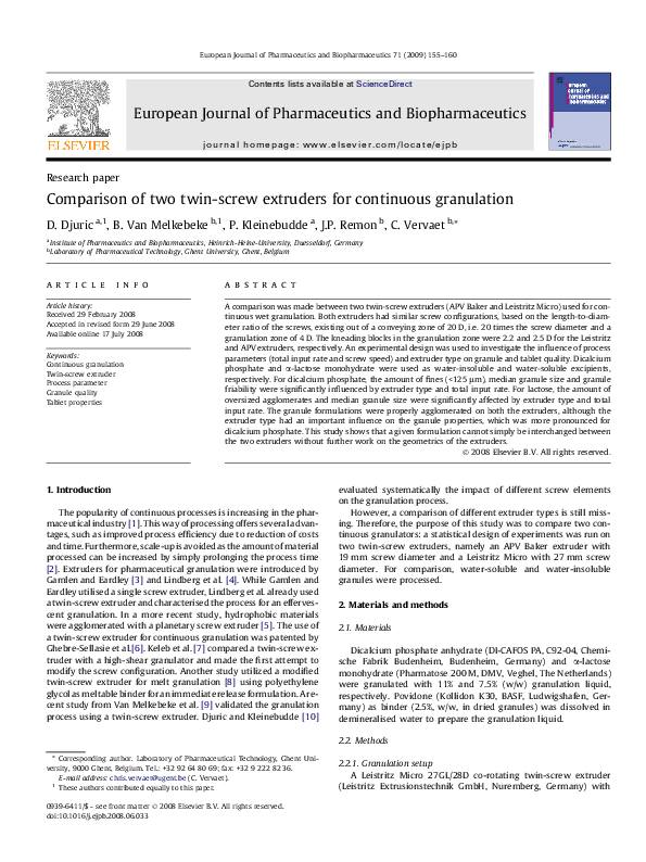 Pdf Comparison Of Two Twin Screw Extruders For Continuous Granulation
