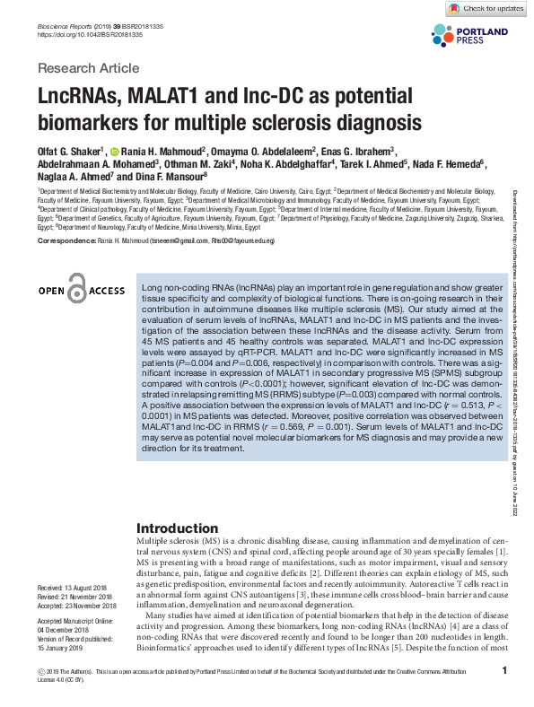 (PDF) LncRNAs, MALAT1 and lnc-DC as potential biomarkers for multiple sclerosis diagnosis