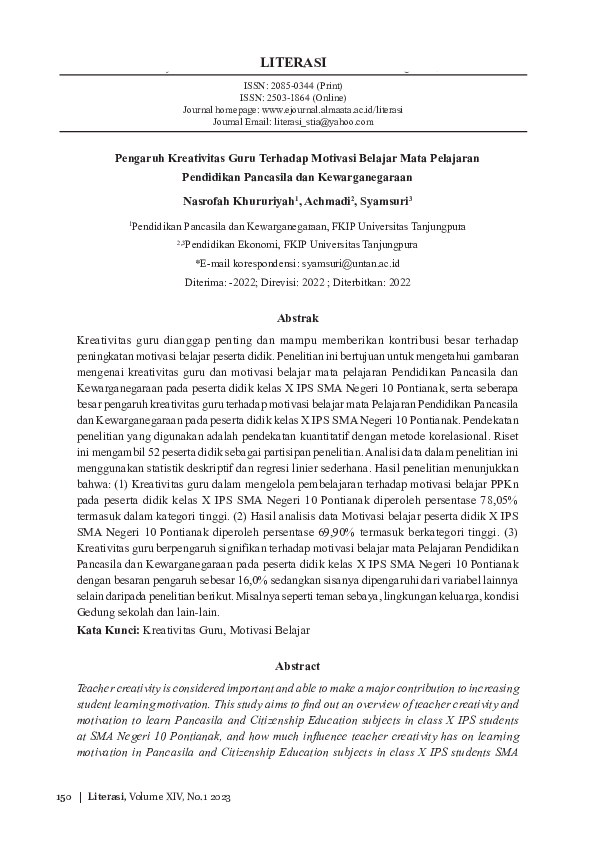 (PDF) Pengaruh Kreativitas Guru Terhadap Motivasi Belajar Mata Pelajaran Pendidikan Pancasila ...