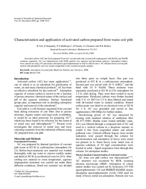 (PDF) Activated Carbon from Waste Coir Pith