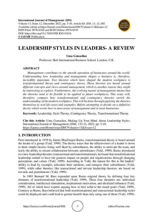 (PDF) LEADERSHIP STYLES IN LEADERS- A REVIEW