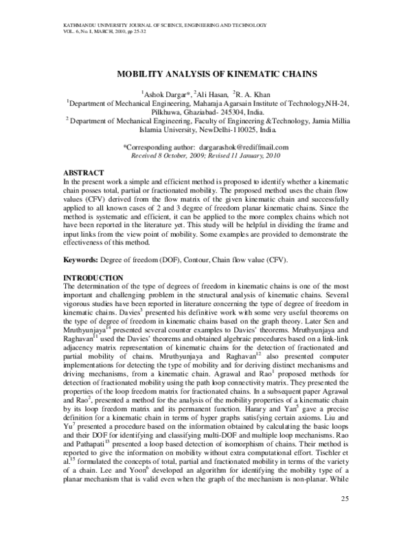 (PDF) Mobility Analysis of Kinematic Chains