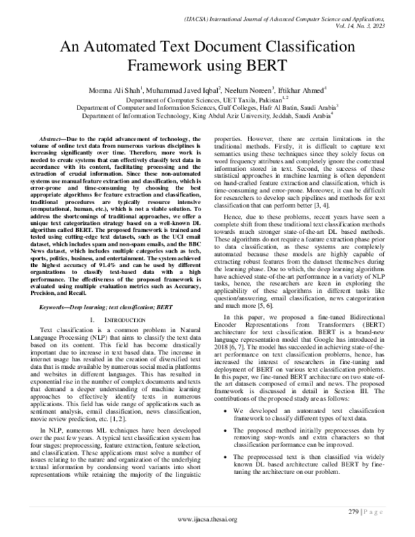 (PDF) An Automated Text Document Classification Framework using BERT
