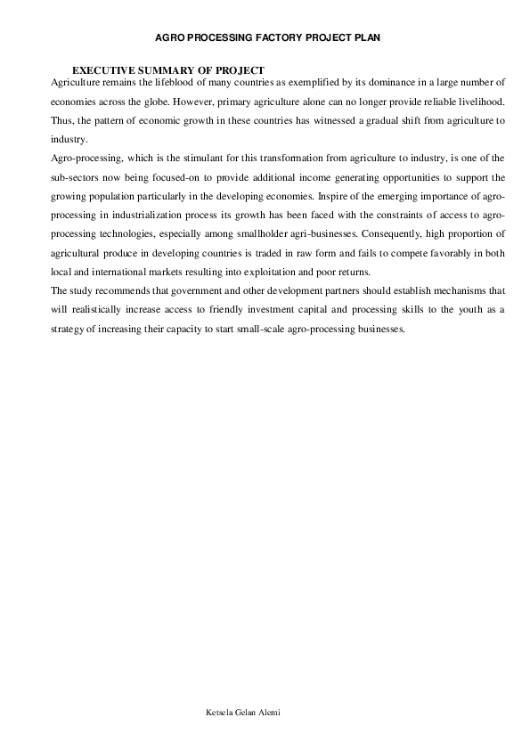 (PDF) AGRO PROCESSING FACTORY PROJECT PLAN