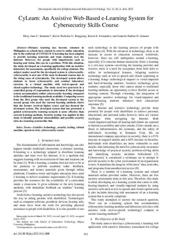 (PDF) CyLearn: An Assistive Web-Based e-Learning System for Cybersecurity Skills Course