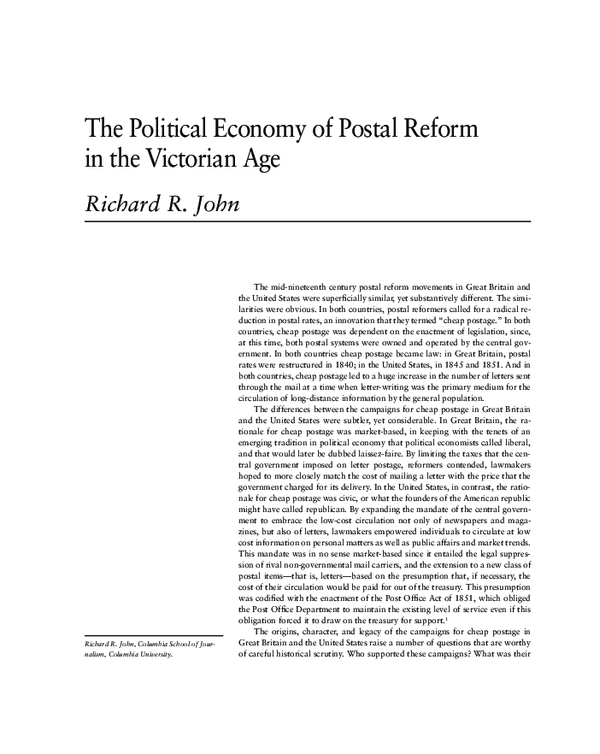 (PDF) The Political Economy of Postal Reform in the Victorian Age