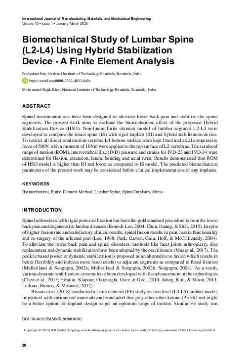 (PDF) Biomechanical Study of Lumbar Spine (L2-L4) Using Hybrid Stabilization Device - A Finite ...