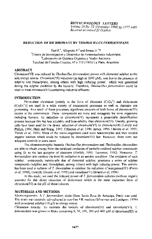 (PDF) Reduction of dichromate by Thiobacillus ferrooxidans