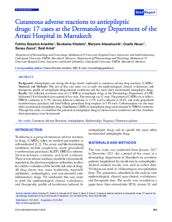 (PDF) Cutaneous adverse reactions to antiepileptic drugs: 17 cases at ...