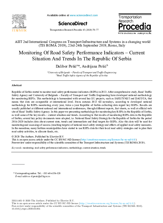 (PDF) Monitoring Of Road Safety Performance Indicators – Current ...