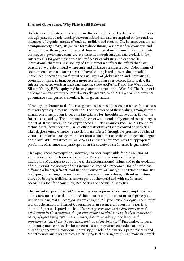 (PDF) Internet Governance: Why Plato is still Relevant