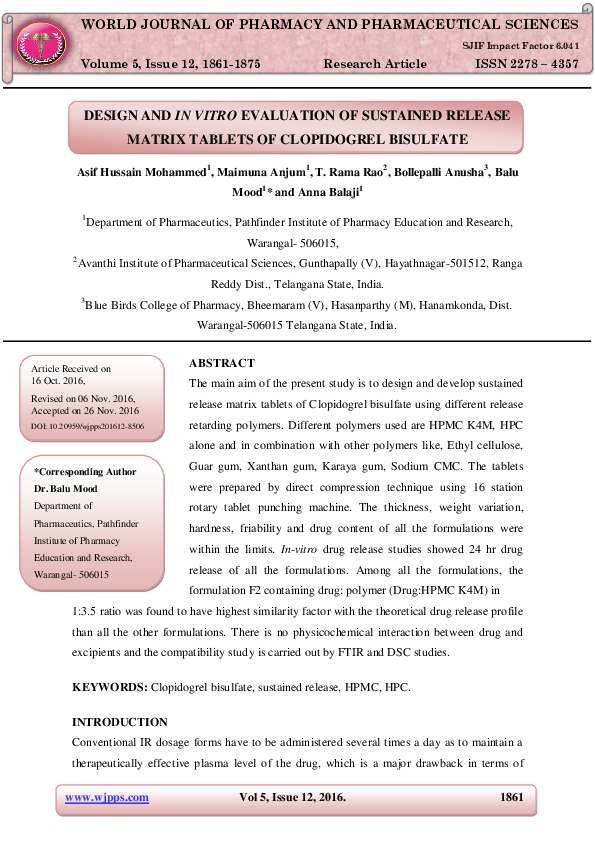 (PDF) DESIGN AND IN VITRO EVALUATION OF SUSTAINED RELEASE MATRIX ...