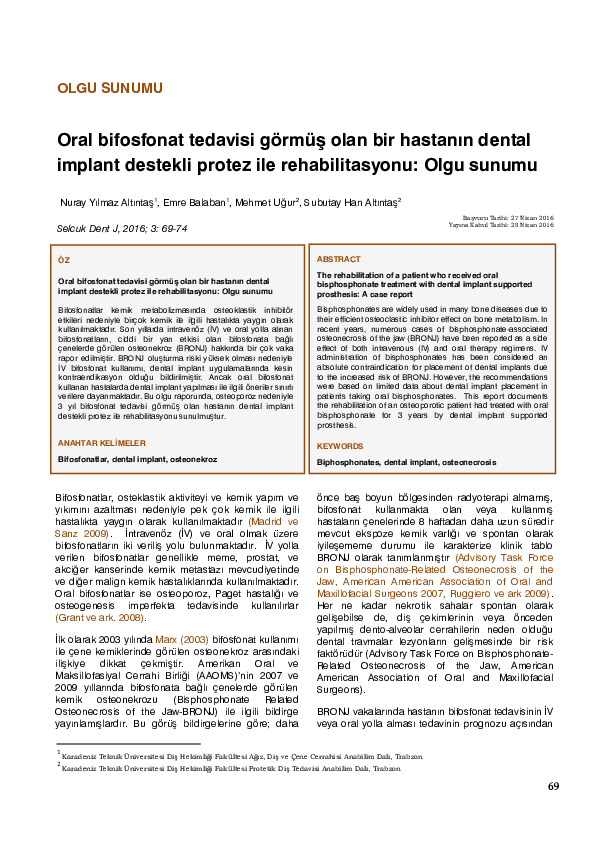 (PDF) Oral bifosfonat tedavisi görmüş olan bir hastanın dental implant ...