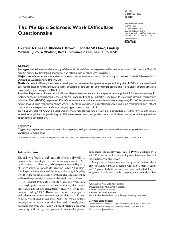 (PDF) The Multiple Sclerosis Work Difficulties Questionnaire (MSWDQ): development of a shortened ...