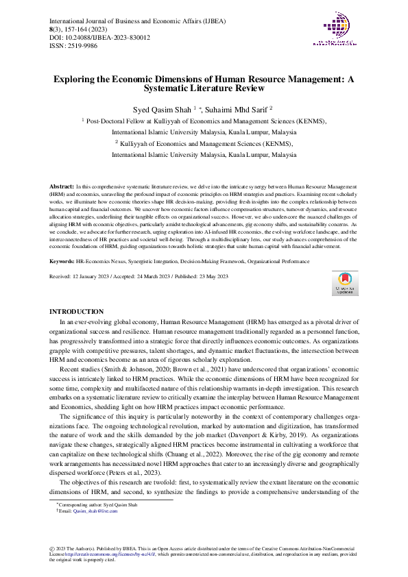 (PDF) Exploring the Economic Dimensions of Human Resource Management: A Systematic Literature ...