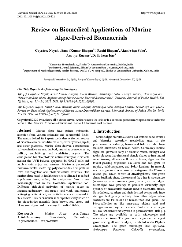 (PDF) Review on Biomedical Applications of Marine Algae-Derived Biomaterials