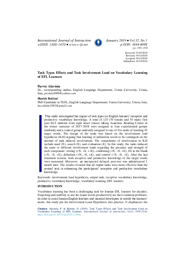 (PDF) Task Types Effects and Task Involvement Load on Vocabulary ...